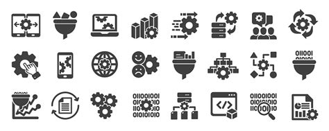 데이터 처리 글리프 솔리드 아이콘 컬렉션 분석 데이터베이스 시각화를 포함합니다 최소한의 아이콘과 상징 시리즈 벡터 일러스트 레이 션 검색에 대한 스톡 벡터 아트 및 기타