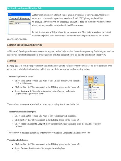 10 Sorting Grouping And Filtering Cells Pdf Spreadsheet Microsoft Excel