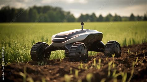 Modern Autonomous Agricultural Robot Traverses Lush Green Farming Field Close Up View Concept