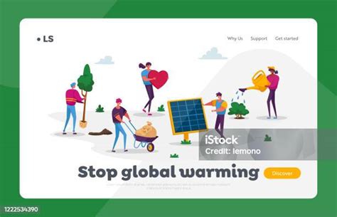 지구 온난화 지구를 저장 먼지 대기 오염을 줄이고 Co2 가스 배출 방문 페이지 템플릿 식물 심기 및 녹색 나무에 물을 작은 문자 관리 만화 사람 벡터 일러스트 감소에 대한