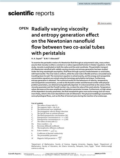PDF Radially Varying Viscosity And Entropy Generation Effect On The Newtonian Nanofluid Flow