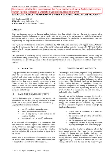 Pdf Enhancing Safety Performance With A Leading Indicators Program