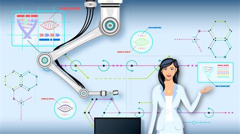 Woman And Robot Manipulator Of Background Various Diagrams Vector Art At Vecteezy