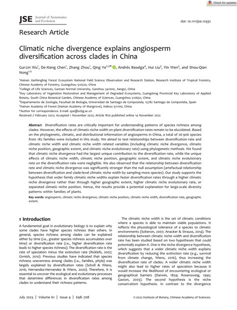 Pdf Climatic Niche Divergence Explains Angiosperm Diversification