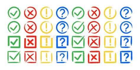 Dirty Grunge Cross X Tick OK Exclamation And Question Check Marks In Check Boxes Stock Vector
