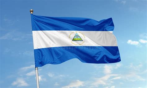 Nicaraguan National Flag With Blue And White Stripes Waving In Clear