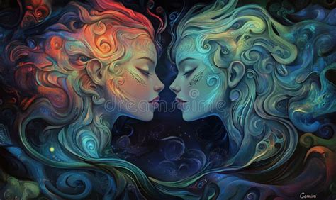 Gemini Duality Represented Through Vibrant Faces And Swirling Colors In