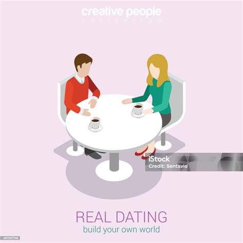 진짜 데이트 평면 3d 아이소메트릭 Infographic 개념 벡터 웹 말하는 레스토랑 카페 테이블에 앉아 실제 생활에 몇 날짜