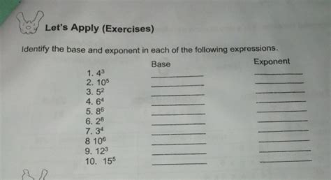 Solved Lets Apply Exercises Identify The Base And Exponent In Each Of The Following