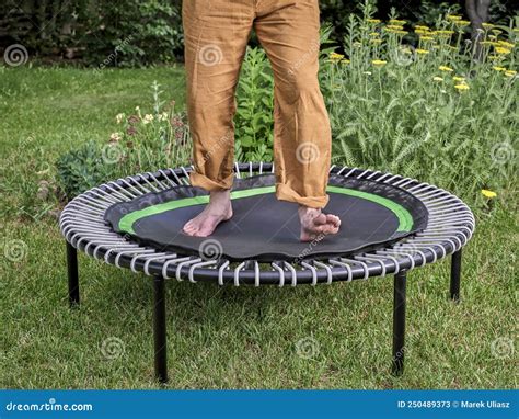 Rebounding With Mini Trampoline Stock Image Image Of Round Lawn