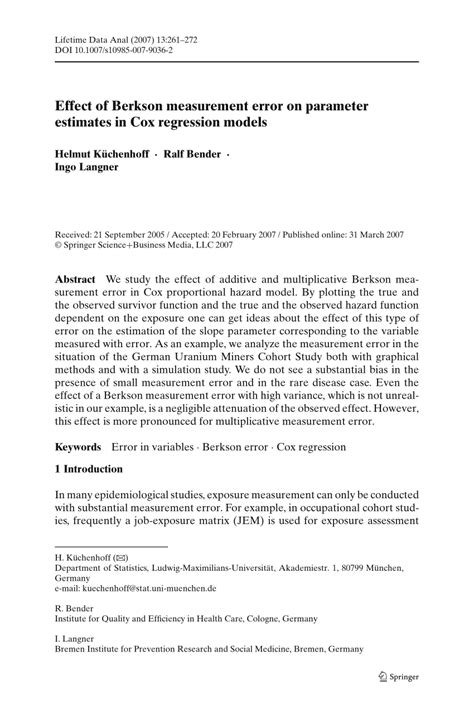Pdf Effect Of Berkson Measurement Error On Parameter Estimates In Cox Regression Models