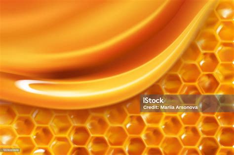 현실적인 벌집 배경 밝은 색상 질감 떨어지는 꿀 노란색 시럽 흐름의 방울액체 캐러멜 배너 광고 또는 벽지에 대한 3d 육각형 벡터 배경 주제에 대한 스톡 벡터 아트 및 기타