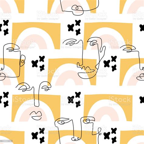 한 줄 그리기 추상적 인 얼굴 원활한 패턴 현대 미니멀리즘 예술 미적 윤곽 여자와 남자의 얼굴과 연속 라인 배경 검은색에 대한