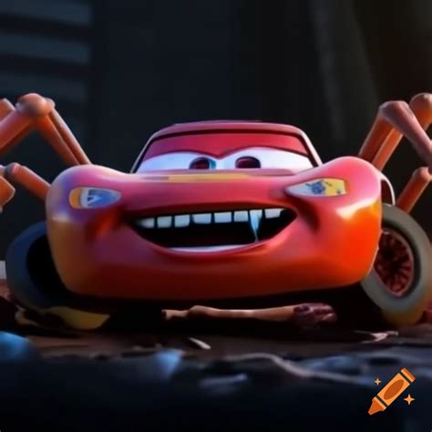 Mcqueen Transformed Into A Scary Spider With Sharp Teeth And Red Eyes