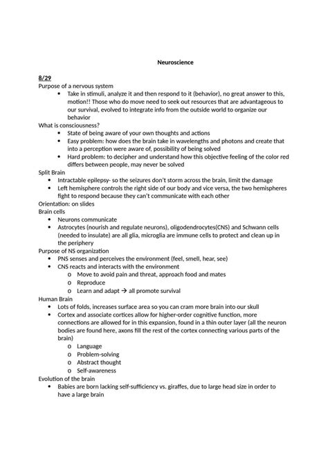 Neuroscience Notes Humb3003 Neuroscience Curtin Thinkswap