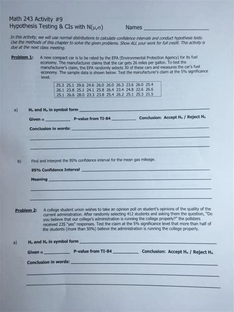 Solved Math 243 Activity 9 Hypothesis Testing And Cls With