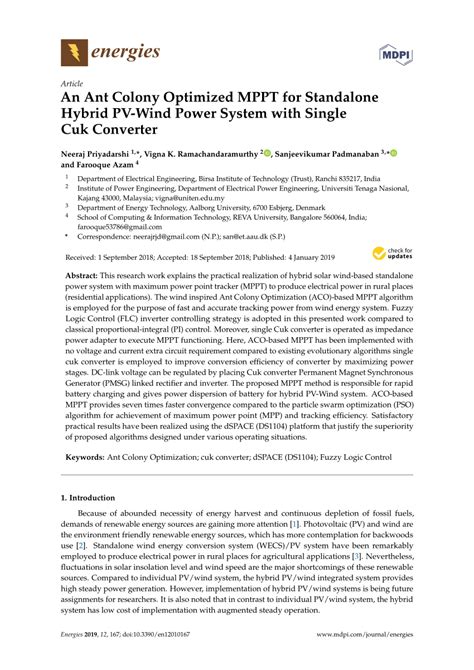 Pdf An Ant Colony Optimized Mppt For Standalone Hybrid Pv Wind Power System With Single Cuk