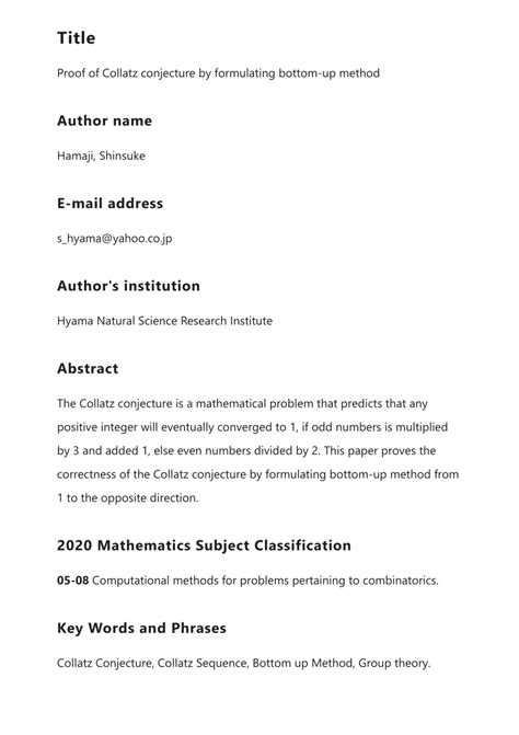 Pdf Title Proof Of Collatz Conjecture By Formulating Bottom Up Method