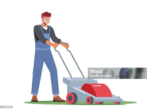 정원이나 공공 도시 공원에있는 남자 캐릭터 깎기 잔디밭 정원사 또는 노동자 조경 마당을위한 잔디 깎는 기계 밀기 잔디 깎기에 대한 스톡 벡터 아트 및 기타 이미지 Istock