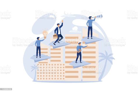 남자는 종이 비행기에서 목표를 달성하고 성공의 길은 동기 부여 경력 개발 아이디어 검색 팀워크입니다 평면 디자인 현대 일러스트 레이 션 개념에 대한 스톡 벡터 아트 및 기타