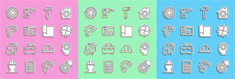 라인 기어와 화살표를 워크플로우 프로세스로 설정하고 내부에 기어가 있는 사람의 머리 해머 브라우저 설정 렌치 스패너 및 엔지니어링 아이콘용 그래프 용지를 설정합니다 벡터