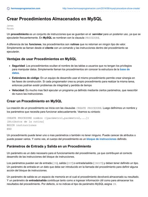 Crear Procedimientos Almacenados En Mysql Pdf Pdf Sql Lenguaje De Programación