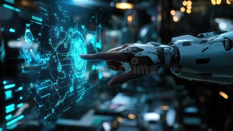 Futuristic Robotic Hand Interacting With Holographic Interface Displays Stock Illustration