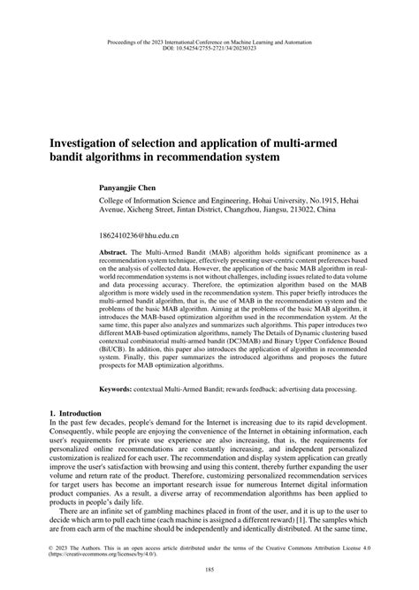 pdf investigation of selection and application of multi armed bandit
