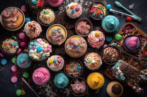 Cupcakes With Various Decorative Toppings Including Frosting Sprinkles And Candy Stock