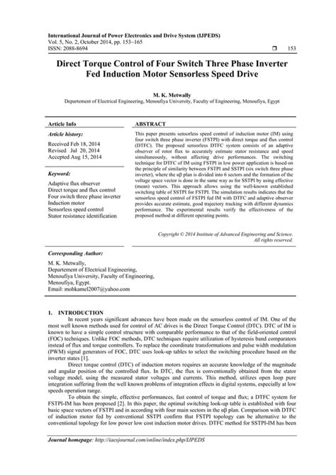 Direct Torque Control Of Four Switch Three Phase Inverter Fed Induction Motor Sensorless Speed