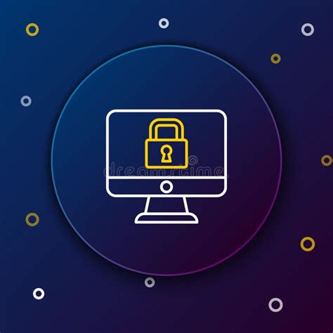 Line Lock On Computer Monitor Screen Icon Isolated On Blue Background