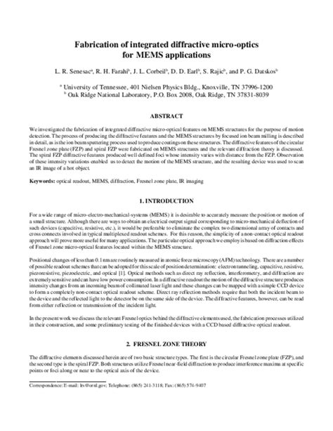 Pdf Fabrication Of Integrated Diffractive Micro Optics For Mems Applications