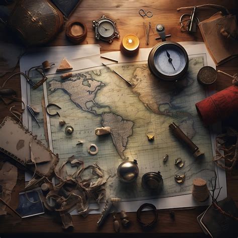 Premium Ai Image Adventure And Exploration With A Map Compass And