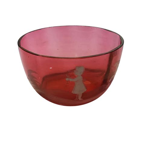 Hand Painted Ruby Glass Bowl With Figurine
