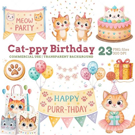 Cat Birthday Party Clipart Cute Kittens Balloons Ts Decorations