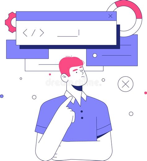 Male Developer Thinking With Coding Interfaces In Flat Vector