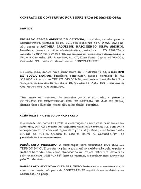 Contrato Empreitada De Mao De Obra Pdf Economias