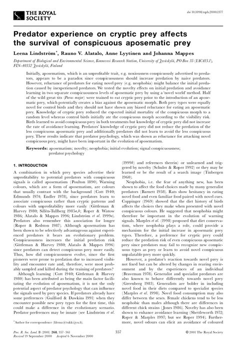 Pdf Predator Experience On Cryptic Prey Affects The Survival Of Conspicuous Aposematic Prey