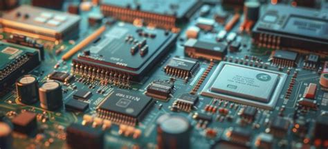 Detailed Closeup View Of Electronic Circuit Board Components Featuring Chips Resistors And