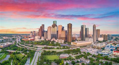 Downtown Houston Texas Usa Drone Skyline Aerial Panorama Stock Image