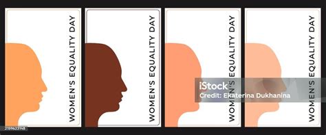 여성 평등의 날 페미니즘 휴일 옆모습에 있는 여성의 머리 실루엣 배너 카드 포스터 세트입니다 평면 스타일의 벡터 그림입니다 8