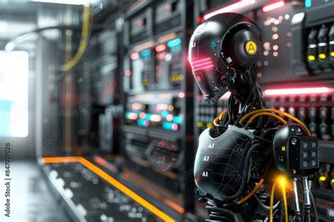 High Tech Server Room With A Humanoid Robot Illustrating The Integration Of Artificial