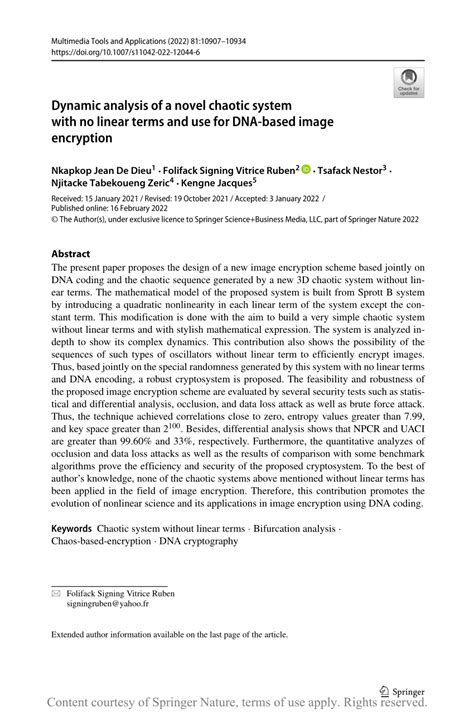 Dynamic Analysis Of A Novel Chaotic System With No Linear Terms And Use