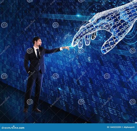 Man Machine Interaction Between Human And A Digital Hand Stock Image Image Of Authentication