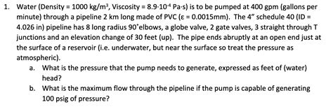 Solved 1. Water (Density =1000 kg/m3, Viscosity =8.9⋅10−4 | Chegg.com