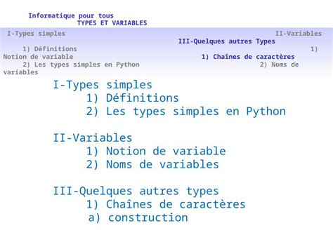 Ppt Types Et Variables Informatique Pour Tous Types Et Variables I