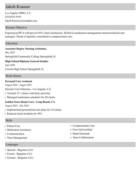Patient Care Assistant Pca Resume Sample And Job Description