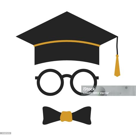 안경 플랫 아이콘이있는 학생 모자 졸업 재미있는 스티커 학교 파티 소품 연설 거품 벡터 일러스트레이션 현대 사진 디자인 및 장식