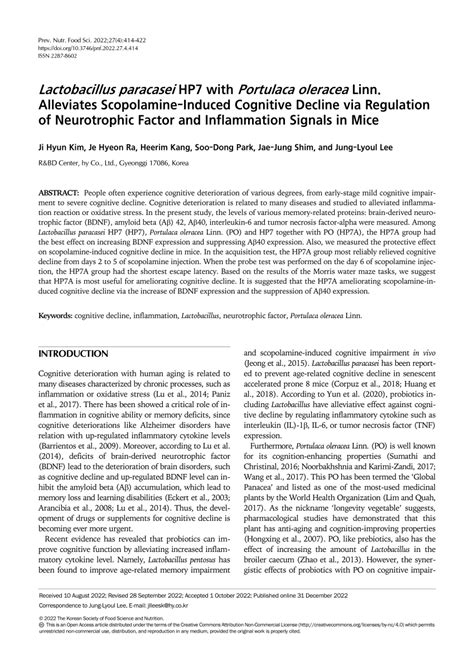 Pdf Lactobacillus Paracasei Hp7 With Portulaca Oleracea Linn Alleviates Scopolamine Induced