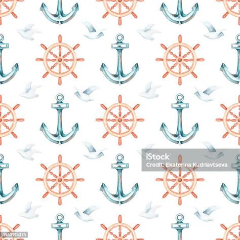 해양 완벽 한 패턴입니다 앵커와 방향타 수채화 그림입니다 흰색 배경에 격리되어 있습니다 0명에 대한 스톡 벡터 아트 및 기타 이미지 Istock